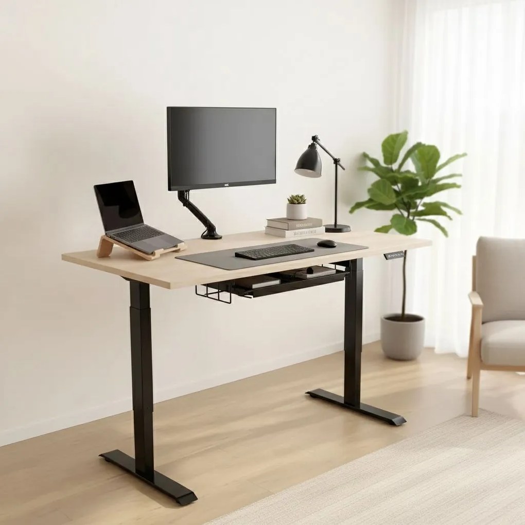 Výškově nastavitelný stůl OfficeTech D, 180 x 80 cm, černá podnož, buk