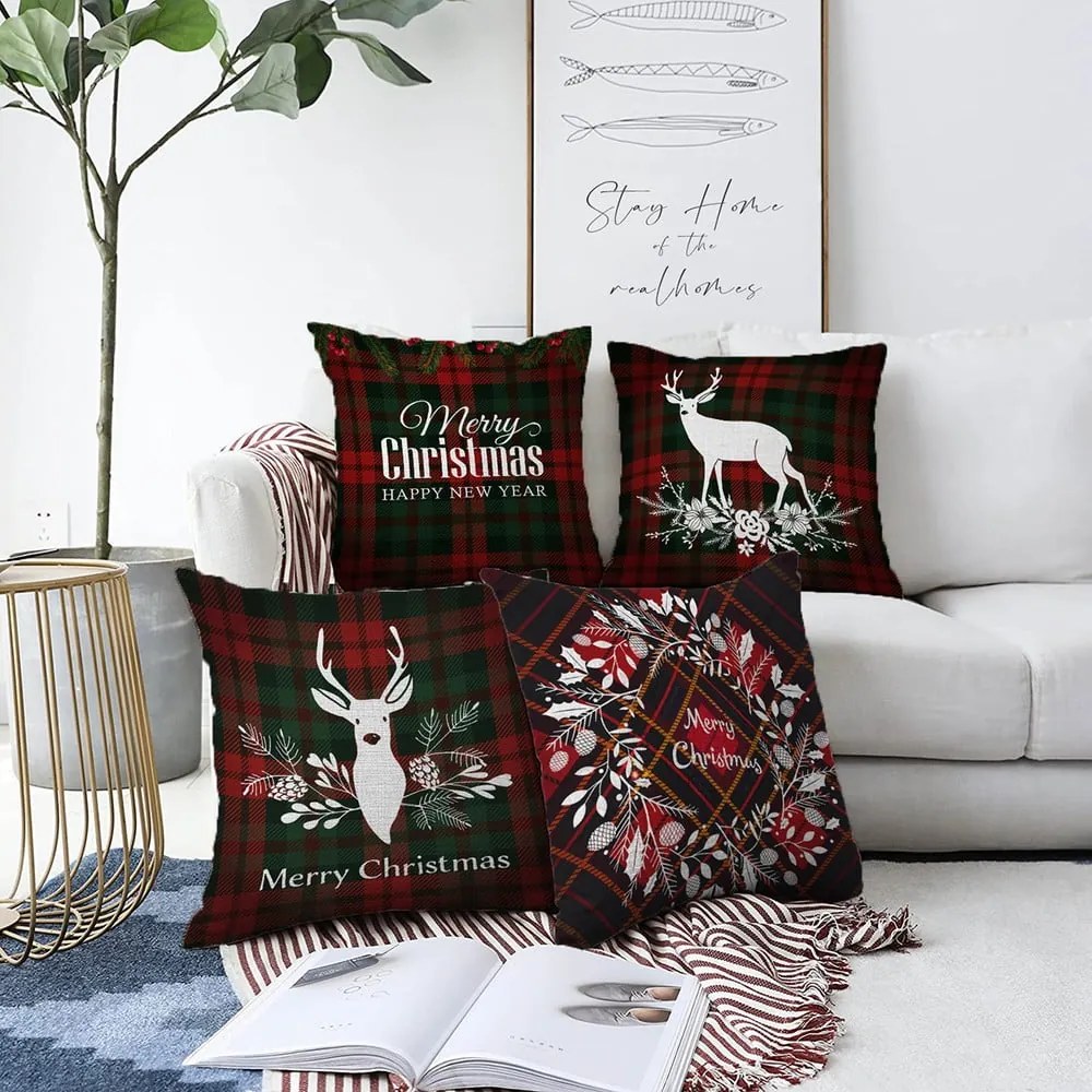 Sada 4 vánočních žinylkových povlaků na polštář Minimalist Cushion Covers Tartan Merry Christmas, 55 x 55 cm