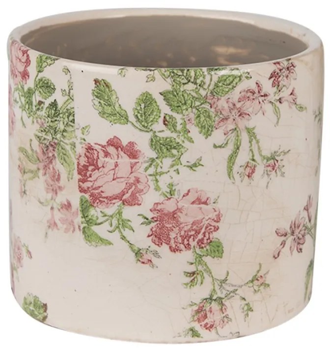 Béžový keramický obal na květináč s růžovými růžemi Valerie – 12x10 cm