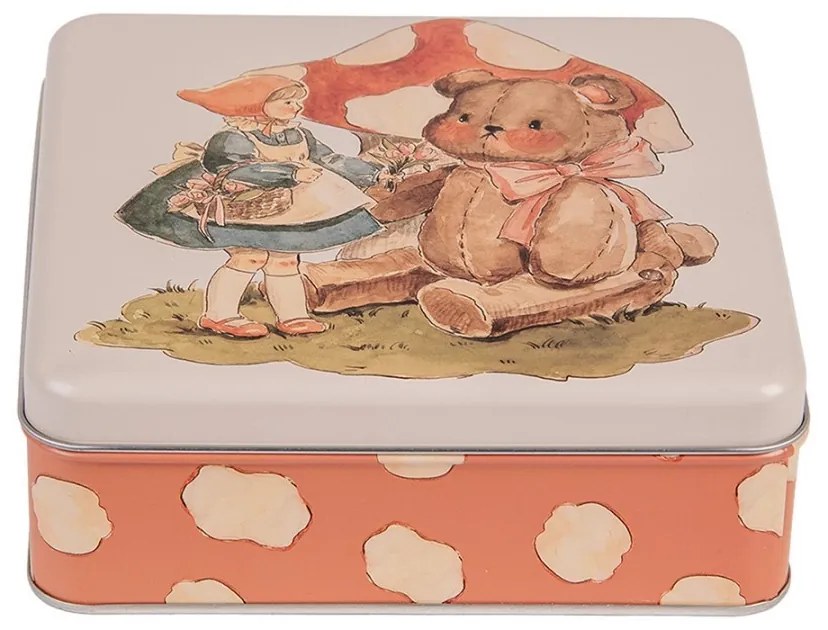 Béžová plechová krabička s medvídkem - 17*17*6 cm