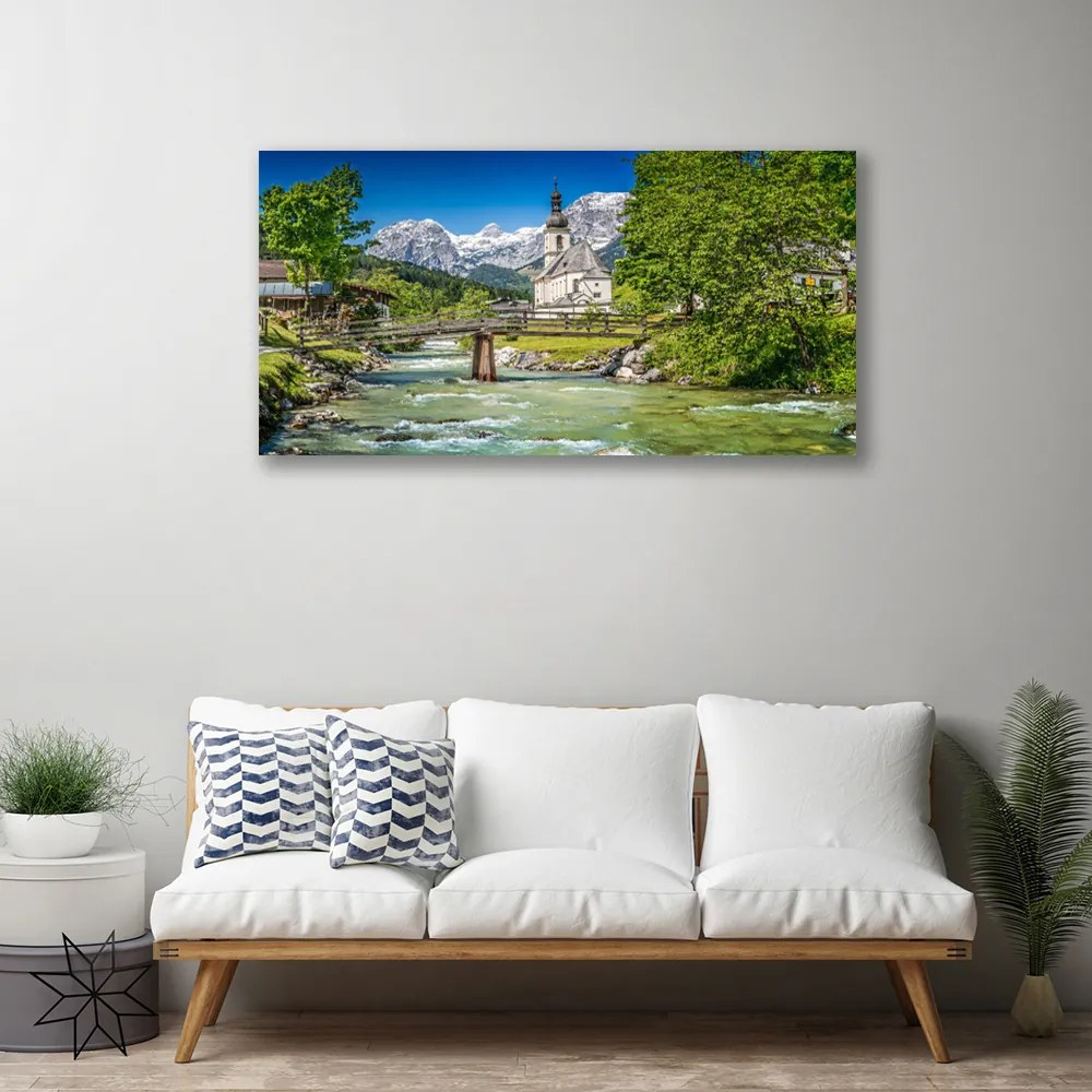 Obraz na plátně Kostel Most Jezero Příroda 100x50 cm