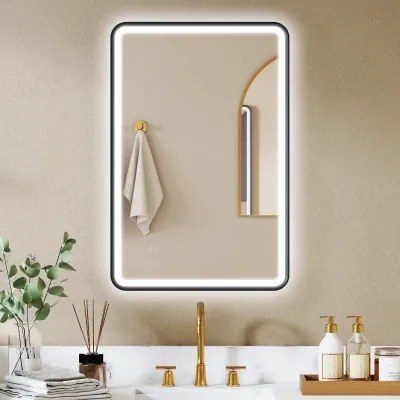 HOMCOM 90 x 60 cm LED koupelnové zrcadlo, světla, 3 barvy, stmívatelné, paměťová funkce, horizontálně a vertikálně, černé