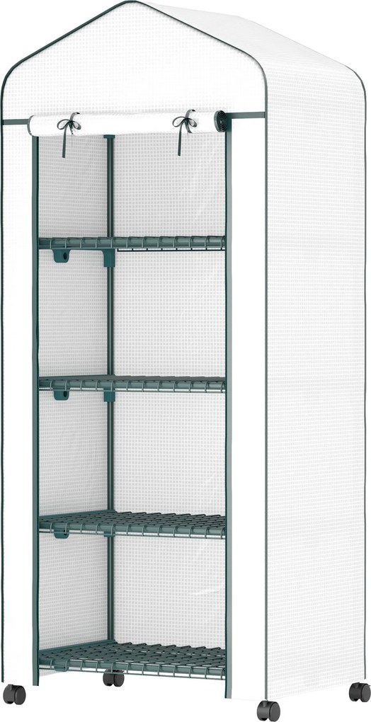 Skleník Outsunny s kolečky a policemi, zimní odolný skleník z ocelové fólie, skleník na balkon, do zahrady, skleník na rajčata 69 x 50 x 165 cm, sklen