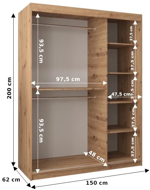 Šatní skříň MADRYT Abika 150/200/62 barevné provedení: bílý mat-dub artisan