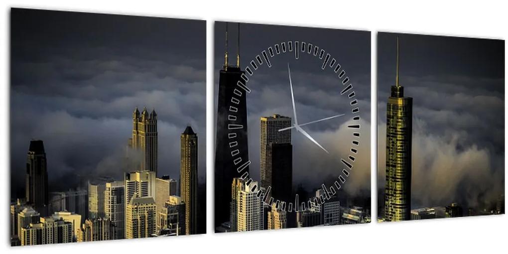 Obraz města v oblacích (s hodinami) (90x30 cm)