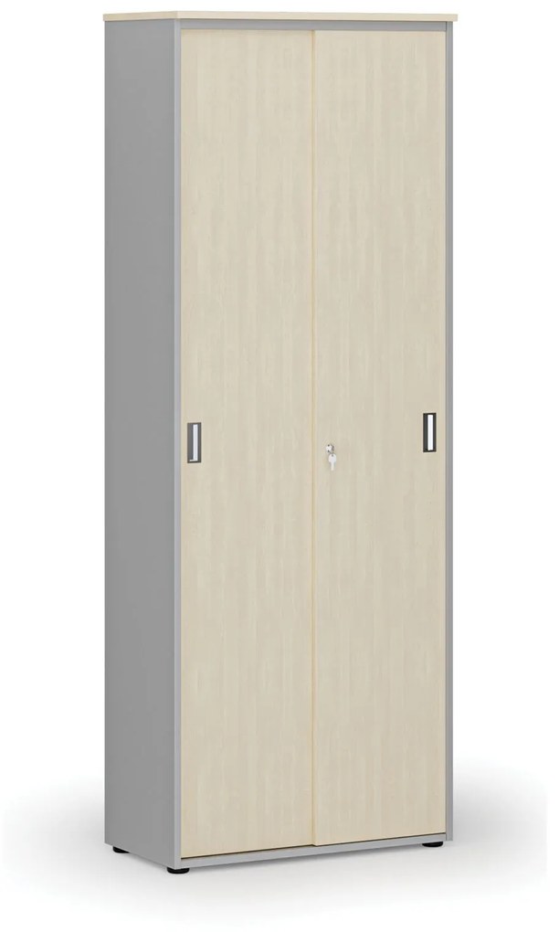 Kancelářská skříň se zasouvacími dveřmi PRIMO GRAY, 2128 x 800 x 420 mm, šedá/ořech