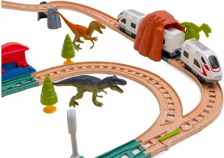 LEAN Toys Elektrický interaktivní vláček s vagóny, tunel, sopka, dinosauři, 95 cm