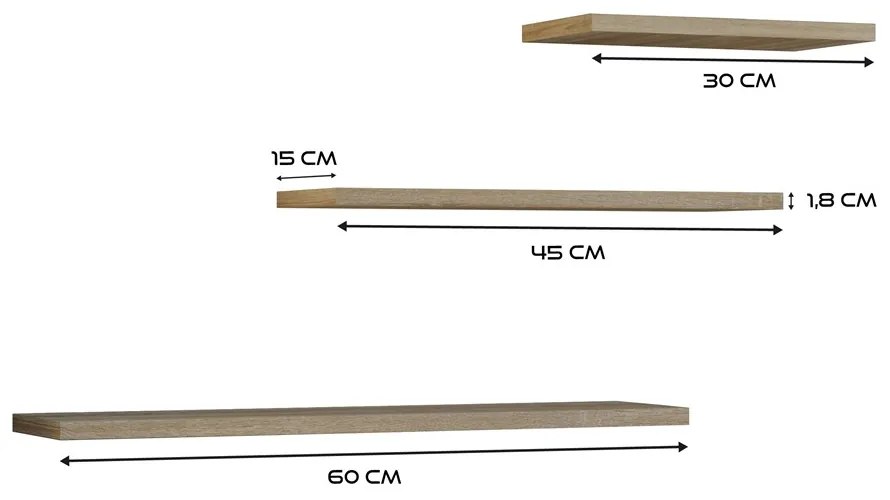 TPS Set nástěnných polic 3v1 TOBI - Dub sonoma