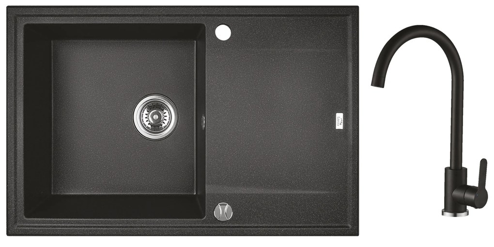 Laveo Megalo, kuchyňský granitový dřez 790x490x230 mm + dřezová baterie, černá, LAV-SBEA711T