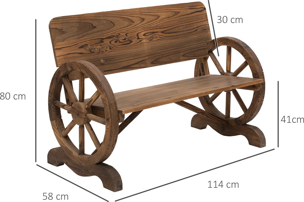 Outsunny Zahradní lavice pro 2 osoby, masivní dřevo, rustikální design kol, nosnost 250 kg, 114 cm, tmavě hnědá