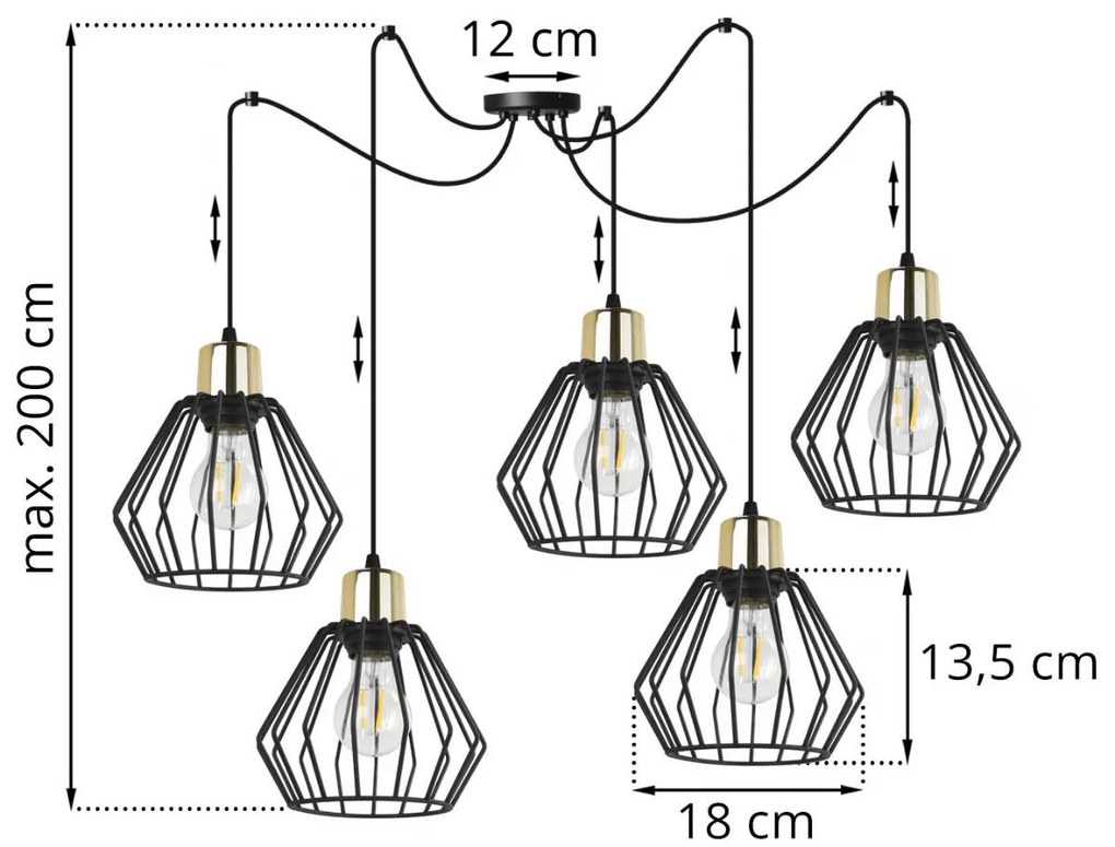 Závěsné svítidlo Nuvola Spider 5, 5x černé drátěné stínítko, g