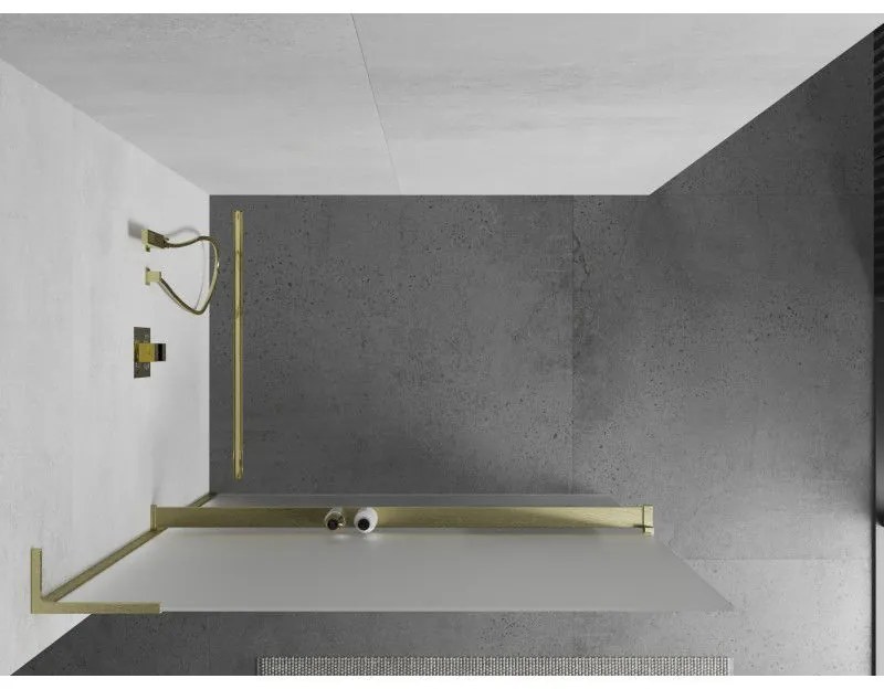 Mexen Kioto+ L, sprchová zástěna Walk-In s poličkou a věšákem 110 x 200 cm, 8mm sklo námraza, zlatý matný profil, 800-110-123-55-30