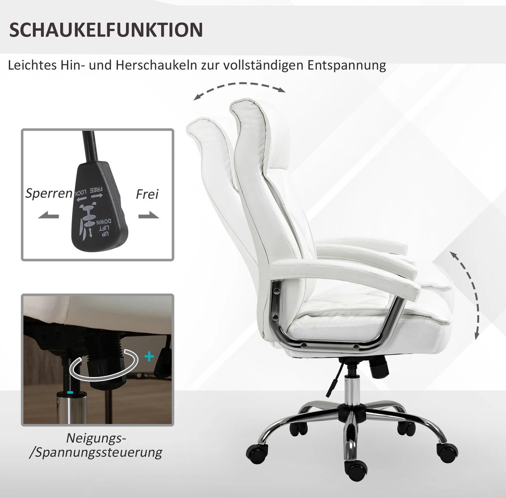 Kancelářská židle Vinsetto imitace kůže, ergonomická kancelářská židle, otočná židle s houpací funkcí, výškově nastavitelná, bílá| Aosom