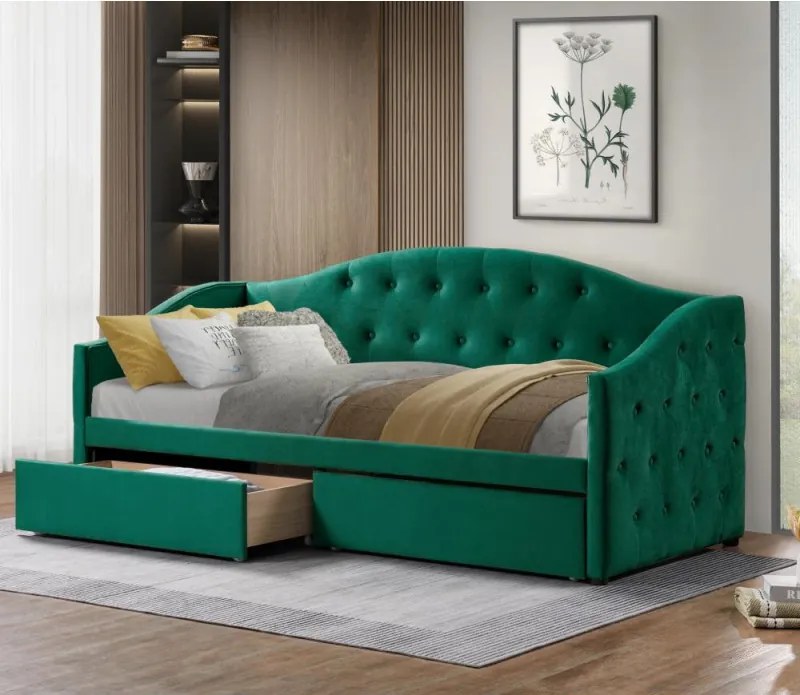 Postel ZASKA 90x200 s úložným prostorem, zelená Velvet látka Kondela 0000396163
