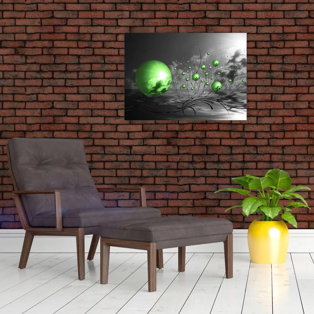 Skleněný obraz zelených abstraktních koulí (70x50 cm)