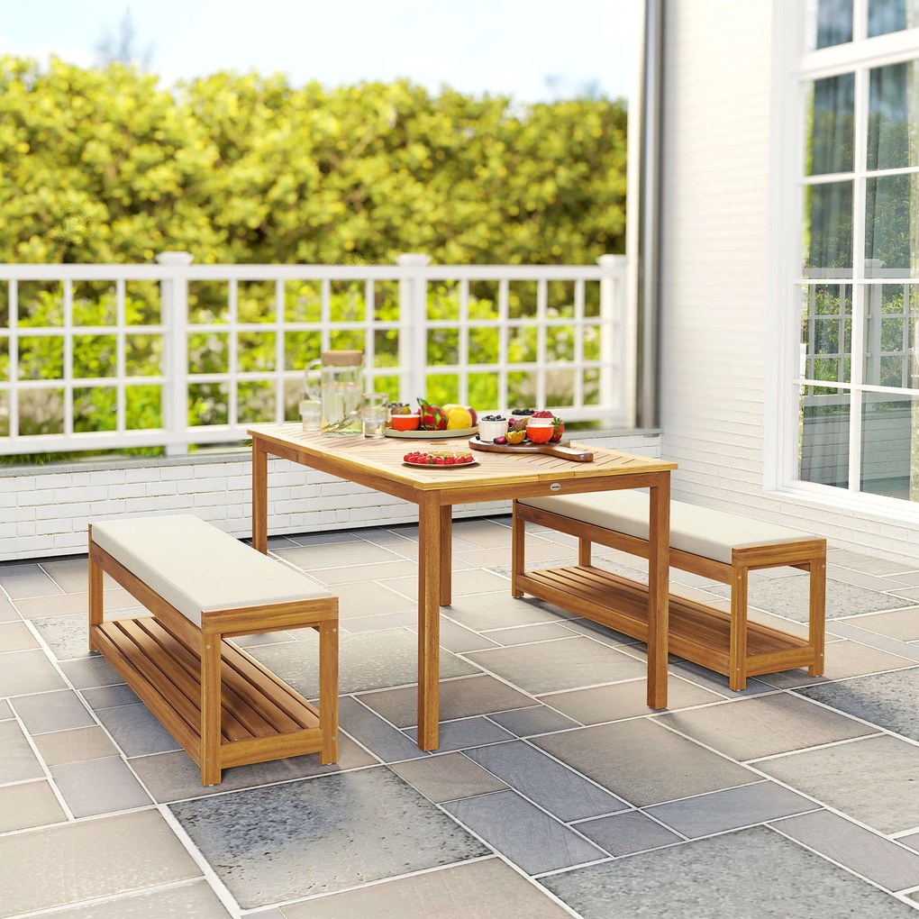Outsunny 3dílná sada zahradního nábytku, sedací souprava včetně 1 jídelního stolu s otvorem pro slunečník, 2 lavice 150 x 85 x 75 cm teakové dřevo