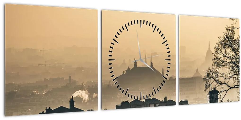 Obraz - Město pod mlhou (s hodinami) (90x30 cm)