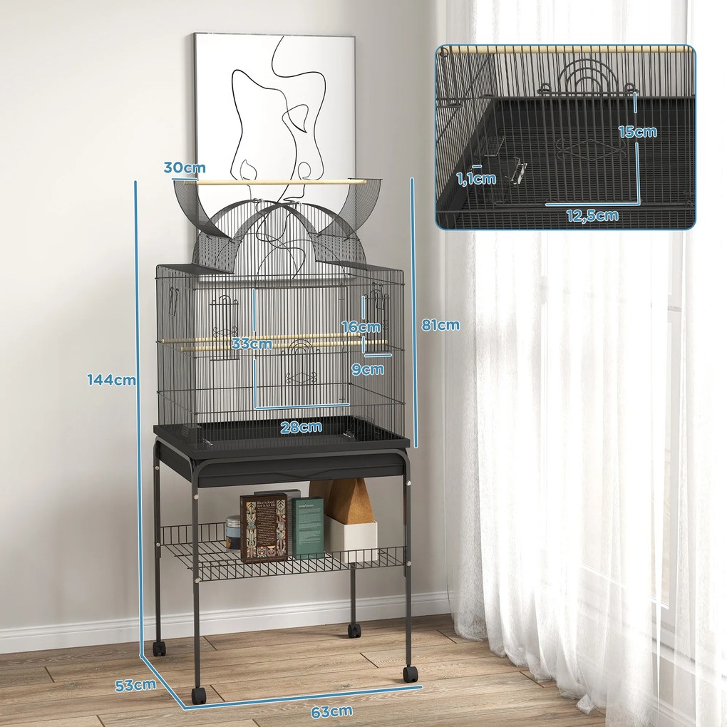 PawHut klec pro ptáky velká klec pro andulky s podnosem, policí, krmítkem, ptačí budka na kolečkách pro kanáry, ocel 63 x 53 x 144 cm černá