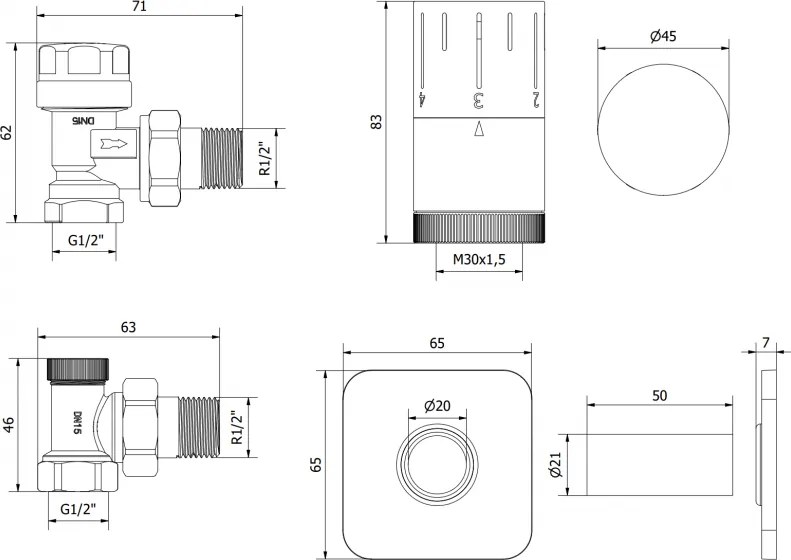 Mexen G05, úhlová termostatická souprava s hranatou krytkou, bílá matná, W901-958-909-20