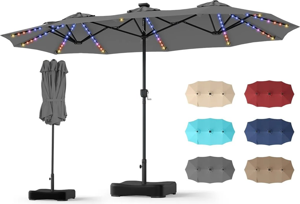 Costway Dvojitý slunečník s klikou a stojanem s 108 LED světle – 370 × 200 cm