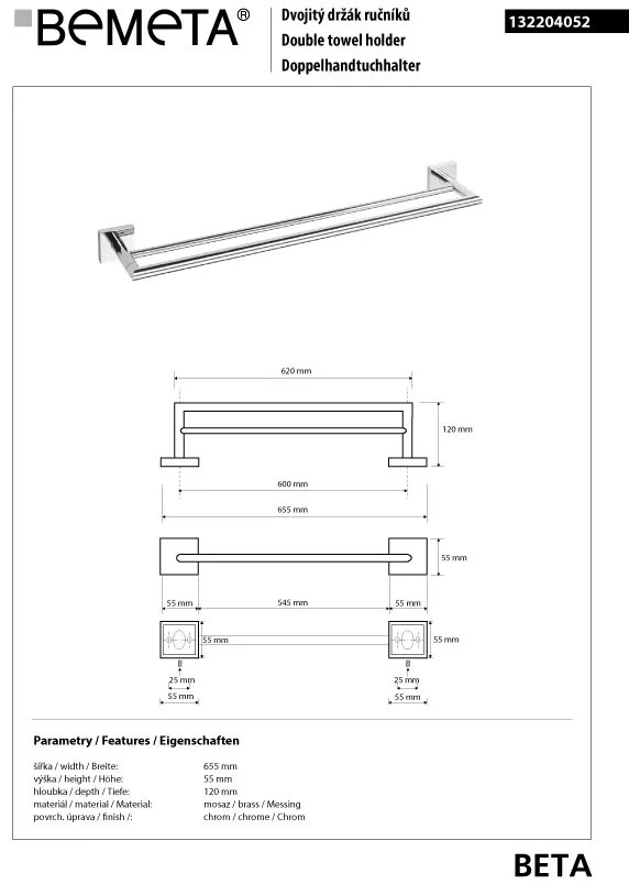 Bemeta Design BETA: Držák ručníků, 600 mm, dvojitý - 132204052