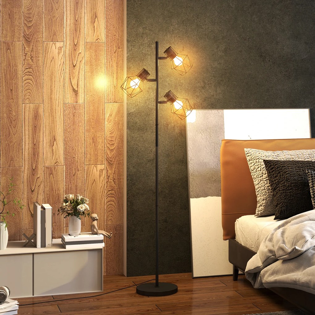 HOMCOM Stojací lampa, stojací lampa se 3 paticemi E27, 40 W stojací lampa se 3 nastavitelnými plameny, do obývacího pokoje, výška 169 cm, kov, bez žá…