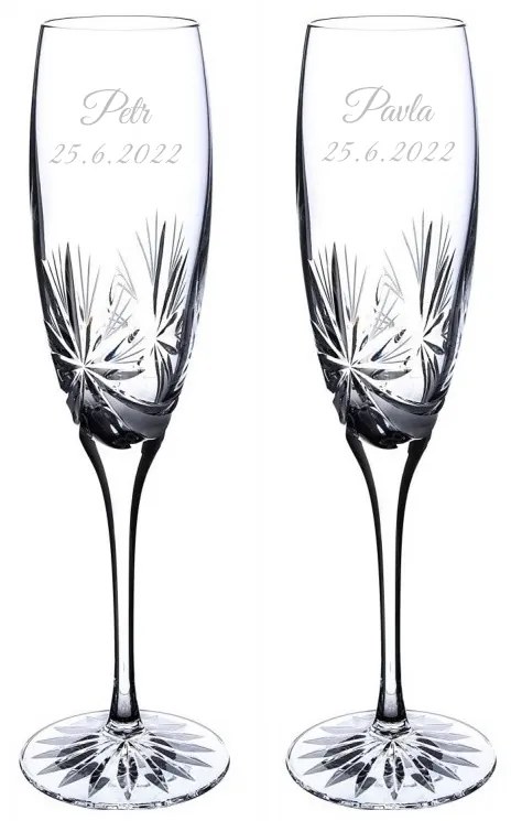 Onte Crystal Bohemia Crystal ručně broušené sklenice na šampaňské Mašle 200 ml 2KS s GRAVÍROVÁNÍM