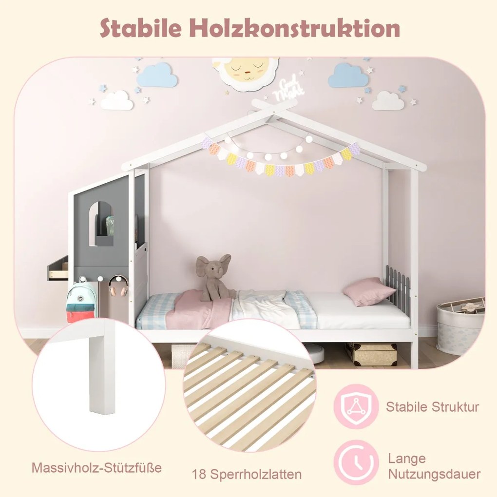 Costway Dětská postel se stolem a zásuvkami a háčky dětská s lamelovým roštem