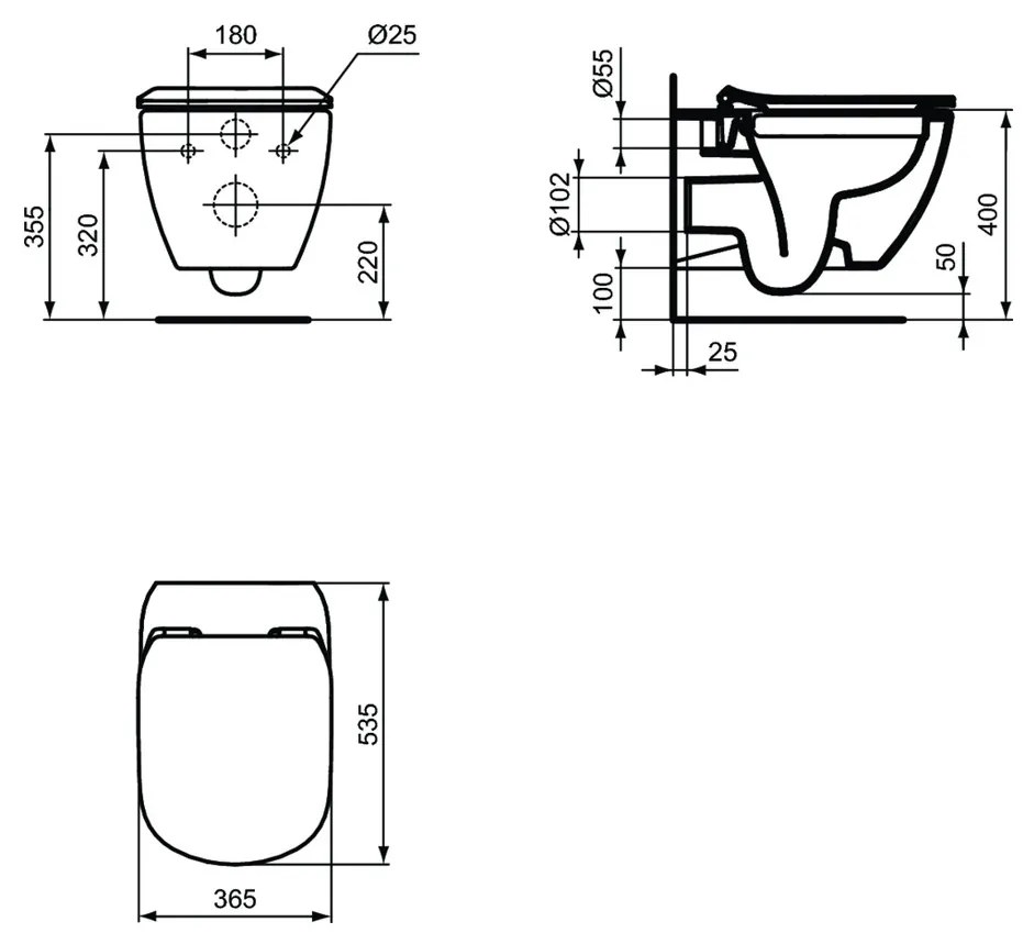 Ideal Standard Tesi- SET: Závěsné WC, 36x53cm, RIMLESS + sedátko, ultra ploché, Soft-Close T355101