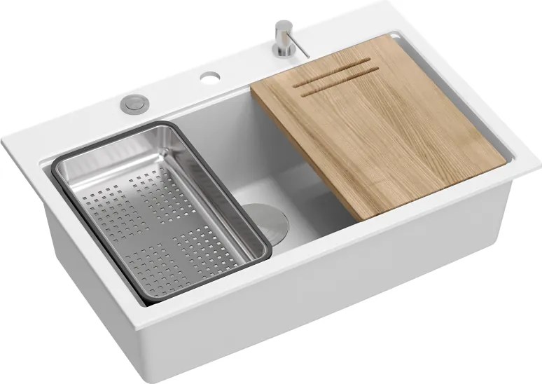 Bílý kuchyňský granitový dřez QUADRON Marc 110 s příslušenstvím bez baterie