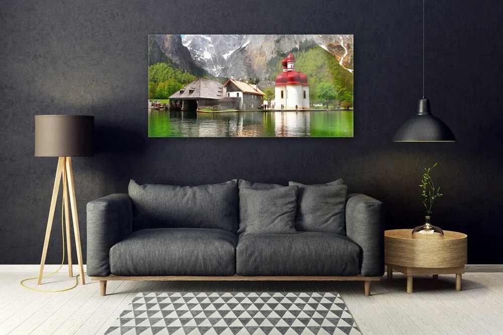 akrylový obraz Hora Strom Dům Krajina 120x60 cm