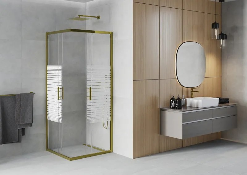 Mexen Rio, čtvercový sprchový kout s posuvnými dveřmi 70 (dveře) x 70 (dveře) x 190 cm, 5mm čiré sklo s pásky, zlatý profil, 860-070-070-50-20