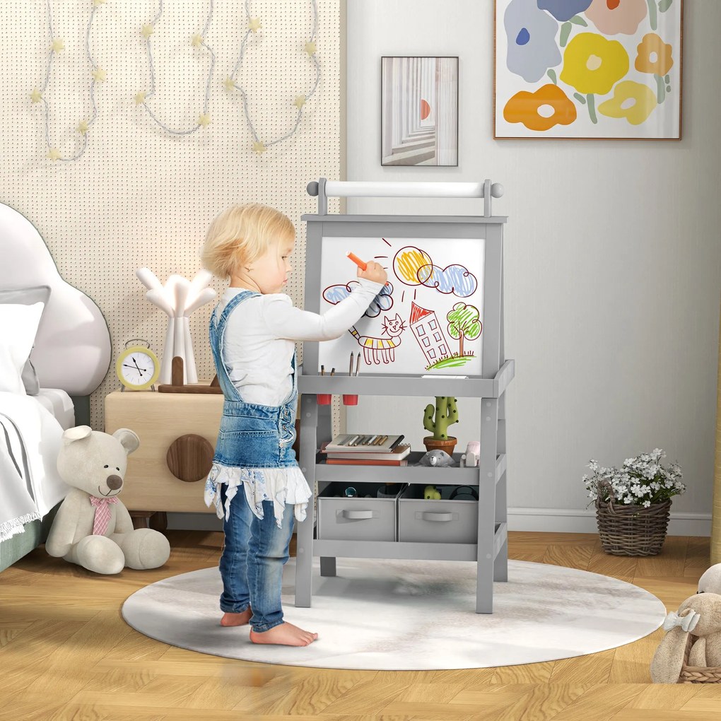 AIYAPLAY AIYPLAY Dětský malířský stojan 3 v 1 - Magnetická oboustranná dětská tabule s papírovým válečkem a úložnými košíky 59x48x118 cm Šedá