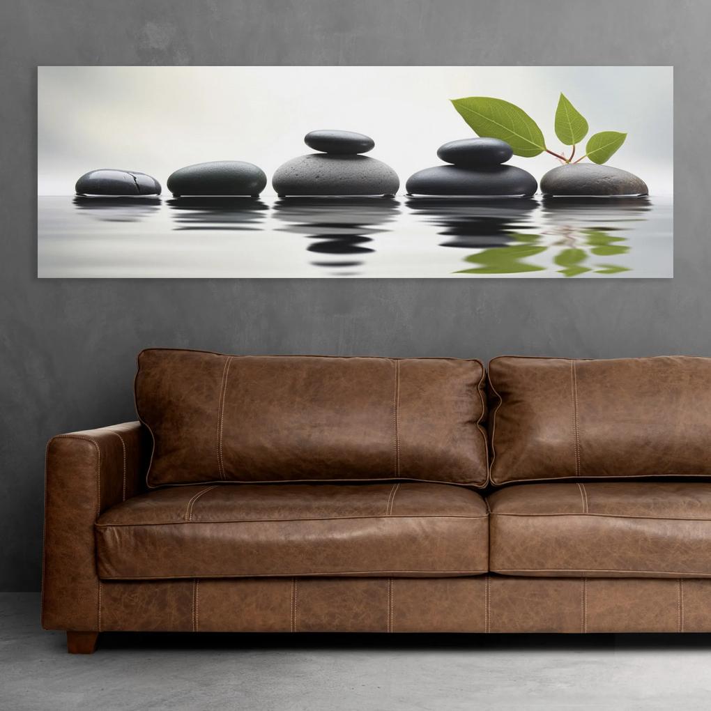 Obraz na plátně - Meditace, černé kameny ve vodě, listy FeelHappy.cz Velikost obrazu: 210 x 70 cm