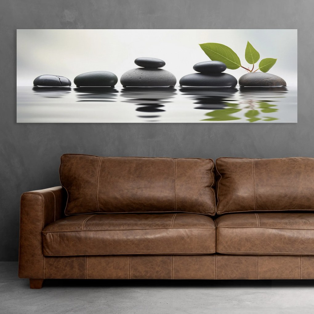 Obraz na plátně - Meditace, černé kameny ve vodě, listy FeelHappy.cz Velikost obrazu: 90 x 30 cm
