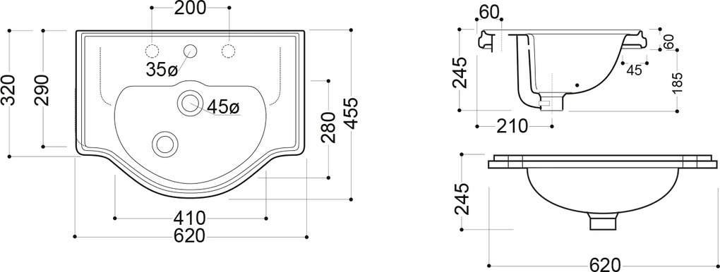 Kerasan RETRO keramické umyvadlo zápustné, 62x45,5cm, bílá 103001