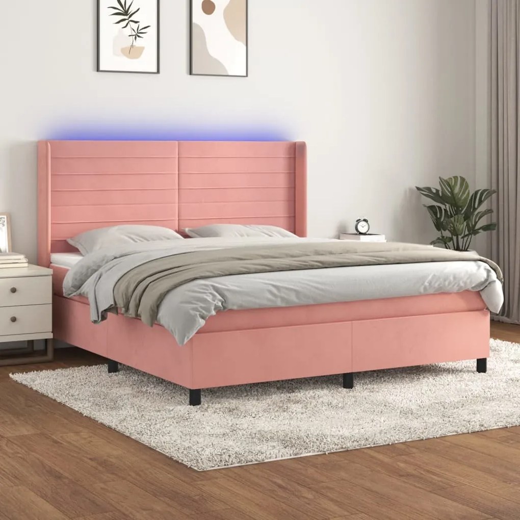 Box spring postel s matrací a LED růžová 180x200 cm samet,  3139642