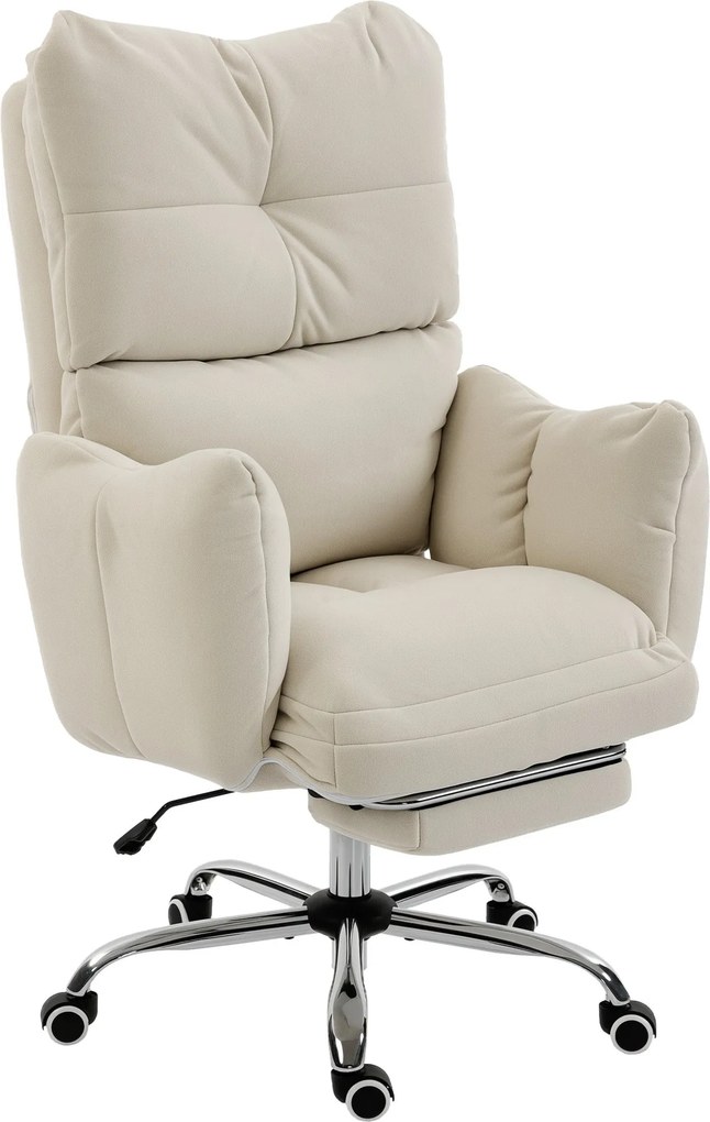 HOMCOM ergonomické kancelářské křeslo s podnožkou — krémově bílý flanel, silné čalounění, vysoké opěradlo, výškově nastavitelné