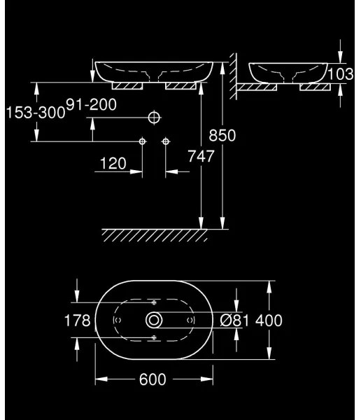 GROHE 3960800H - Umyvadlo na desku ESSENCE 600 × 400 mm keramika/bílá