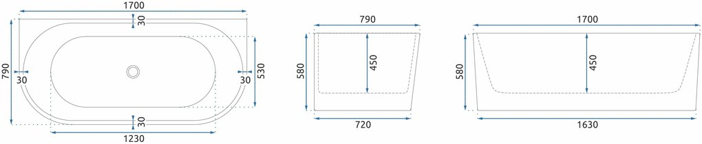 Volně stojící akrylátová vana ke stěně REA VENETA 170x79 cm, bílý, sifon Click-Clack - bílý