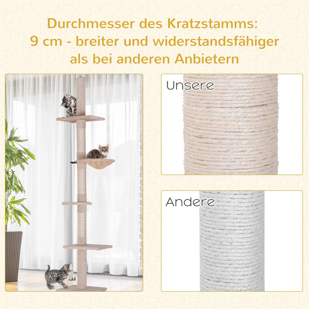 PawHut škrabadlo stropní, H230-260 cm, výškově nastavitelný strom pro kočky, stabilní, béžový| Aosom