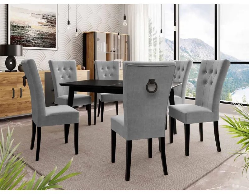 Rozkládací stůl 140x80 se 6 židlemi ST67, barva: černá, barva: bílá, Klepadlo: chrom, Potah: Magic Velvet 2219