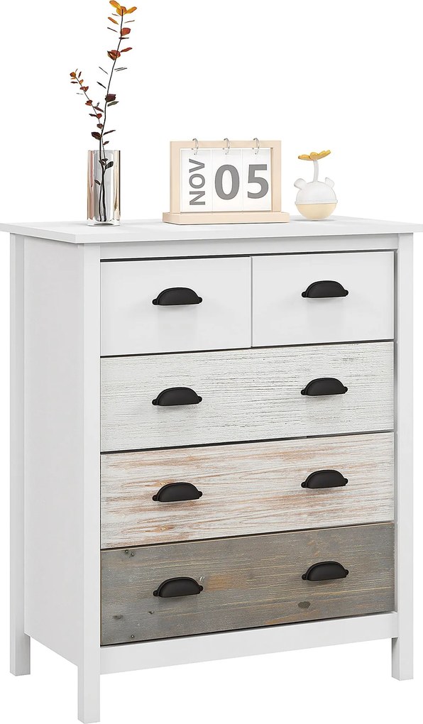 HOMCOM Komoda s 5 zásuvkami, úložný kabinet se zásuvkami a úchyty, ochrana proti převrácení, pro ložnici, obývací pokoj, Bílá, 70 x 38 x 85 cm | Aosom