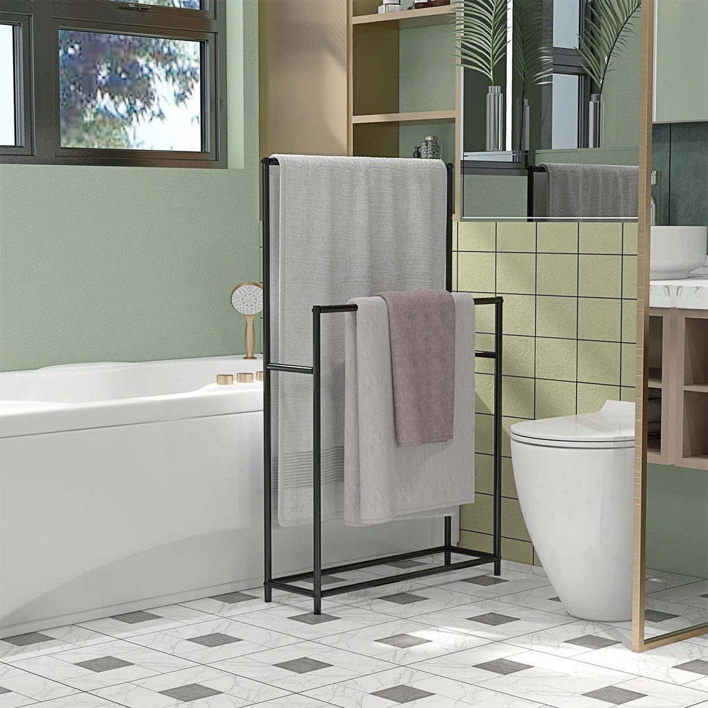 HOMCOM Věšák na ručníky, volně stojící věšák se 2 držáky na ručníky, věšák na ručníky do koupelny, kov, 66 x 20 x 110 cm, černý | Aosom