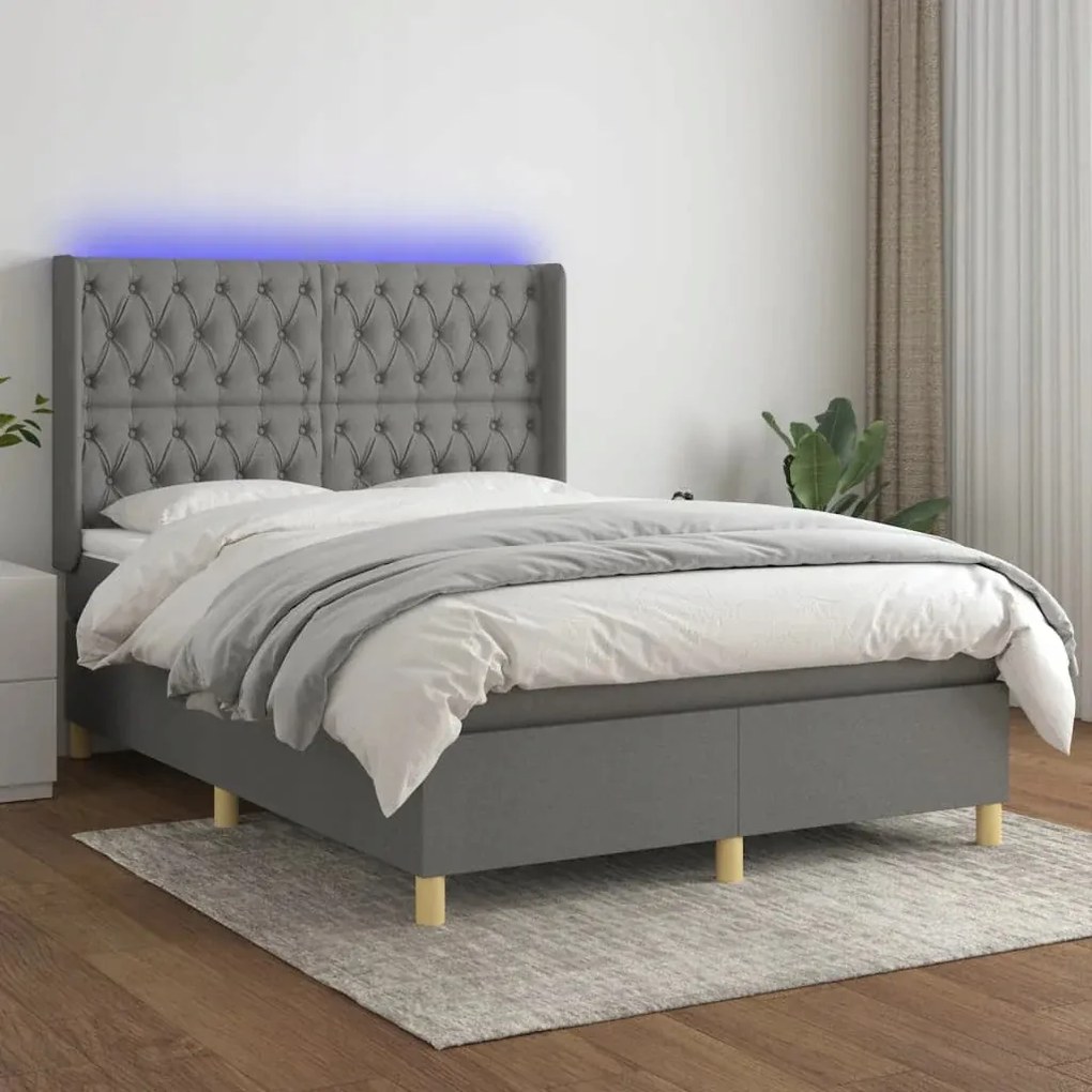 Box Spring Postel S Matrací A Led Textil Tmavě Šedá Prošívaný design 140