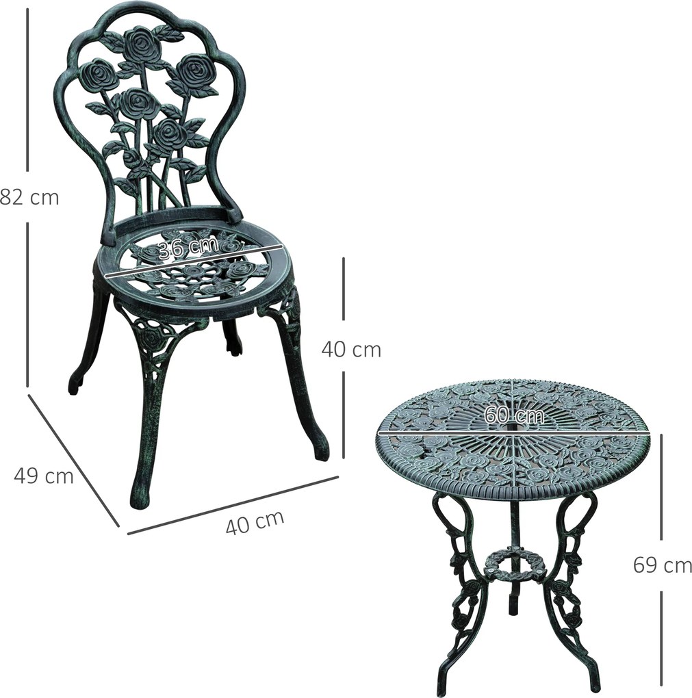 Outsunny bistro set 3-dílný zahradní set starožitně zelený litý hliníkový zahradní nábytek na balkon a terasu