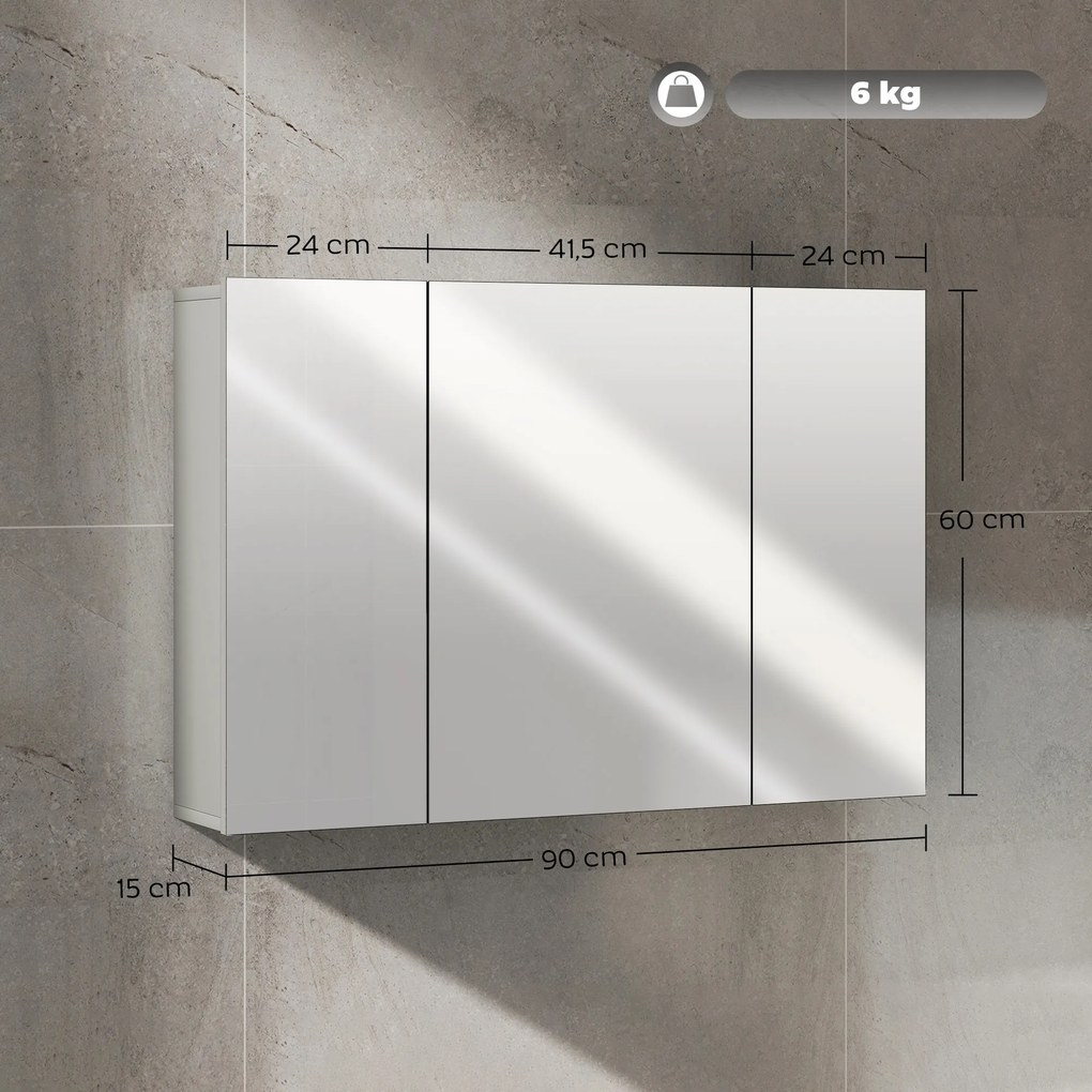 kleankin Nástěnná koupelnová skříňka s 3 zrcadlovými dveřmi a nastavitelnými policemi z MDF, šedá, rozměry 90Š x 15H x 60V cm