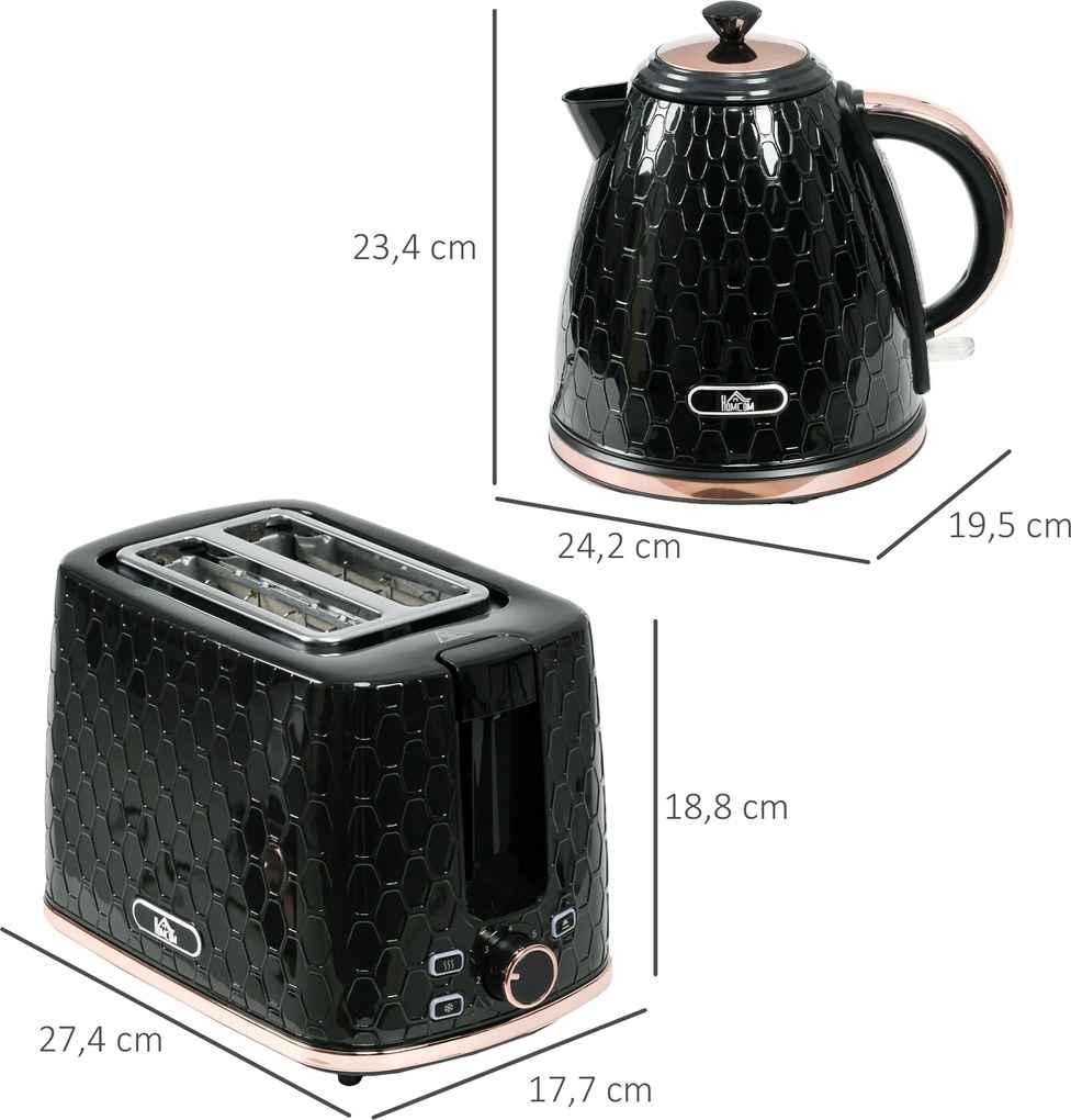 HOMCOM Sada rychlovarné konvice a toustovače, 1,7 l, různé režimy, LED indikátory, černá