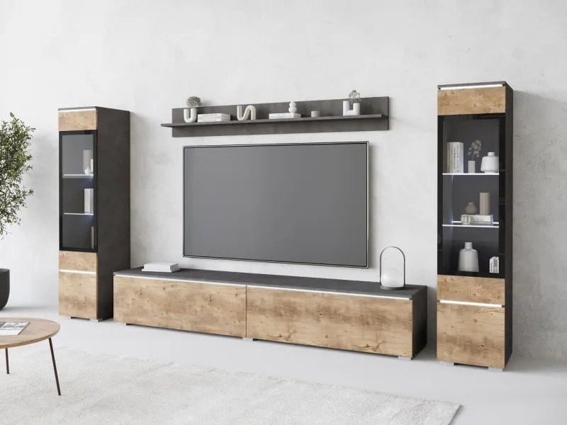 Nábytek do obývacího pokoje Sawoti II, Barva: matera / breslau kaštan, Osvětlení: osvětlení LED - bílé