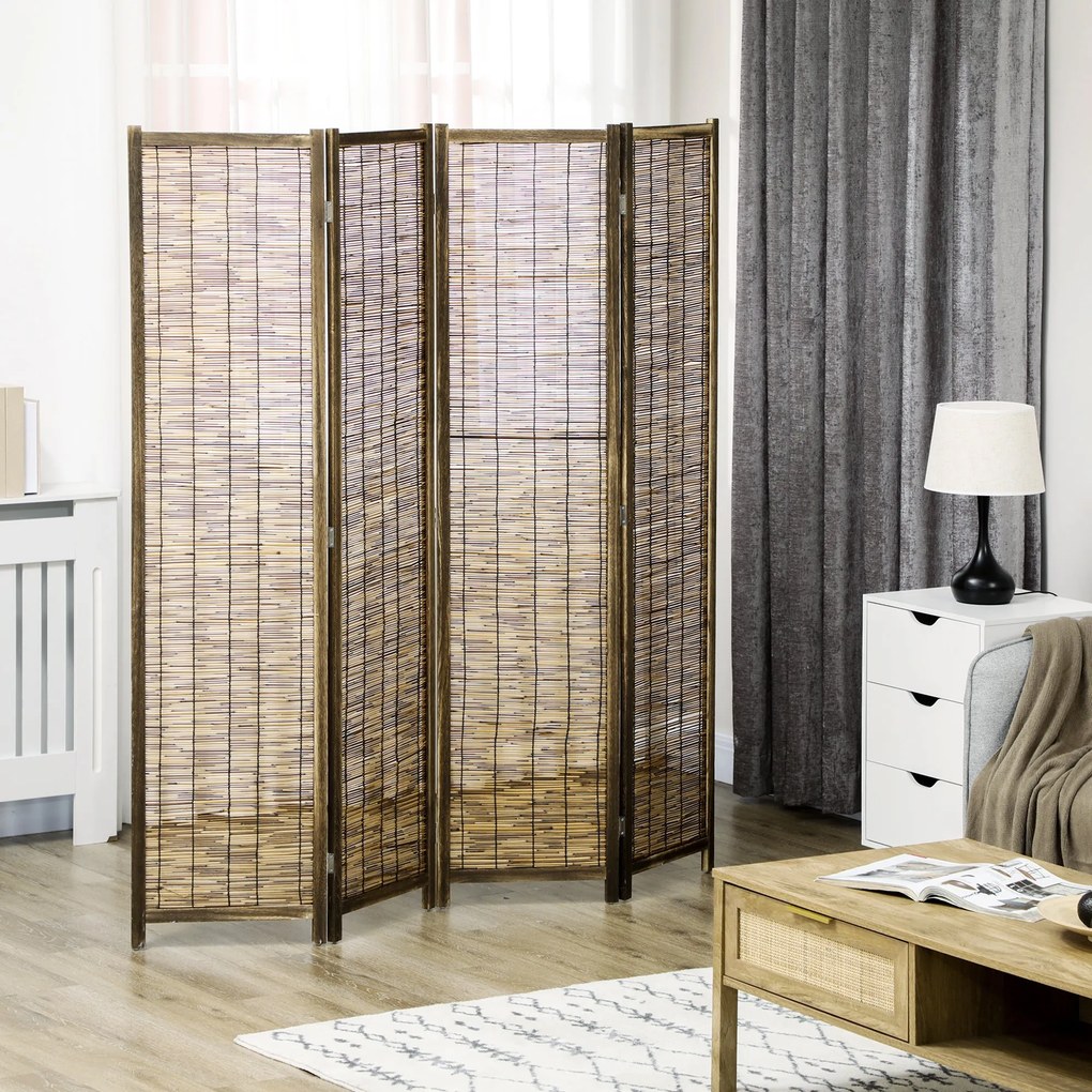 HOMCOM 4-panelový skládací paravan 160 cm x 1.8 cm x 170 cm Rustikální dřevěný a rákosový oddělovač místností pro kancelář, ložnici, obývací pokoj